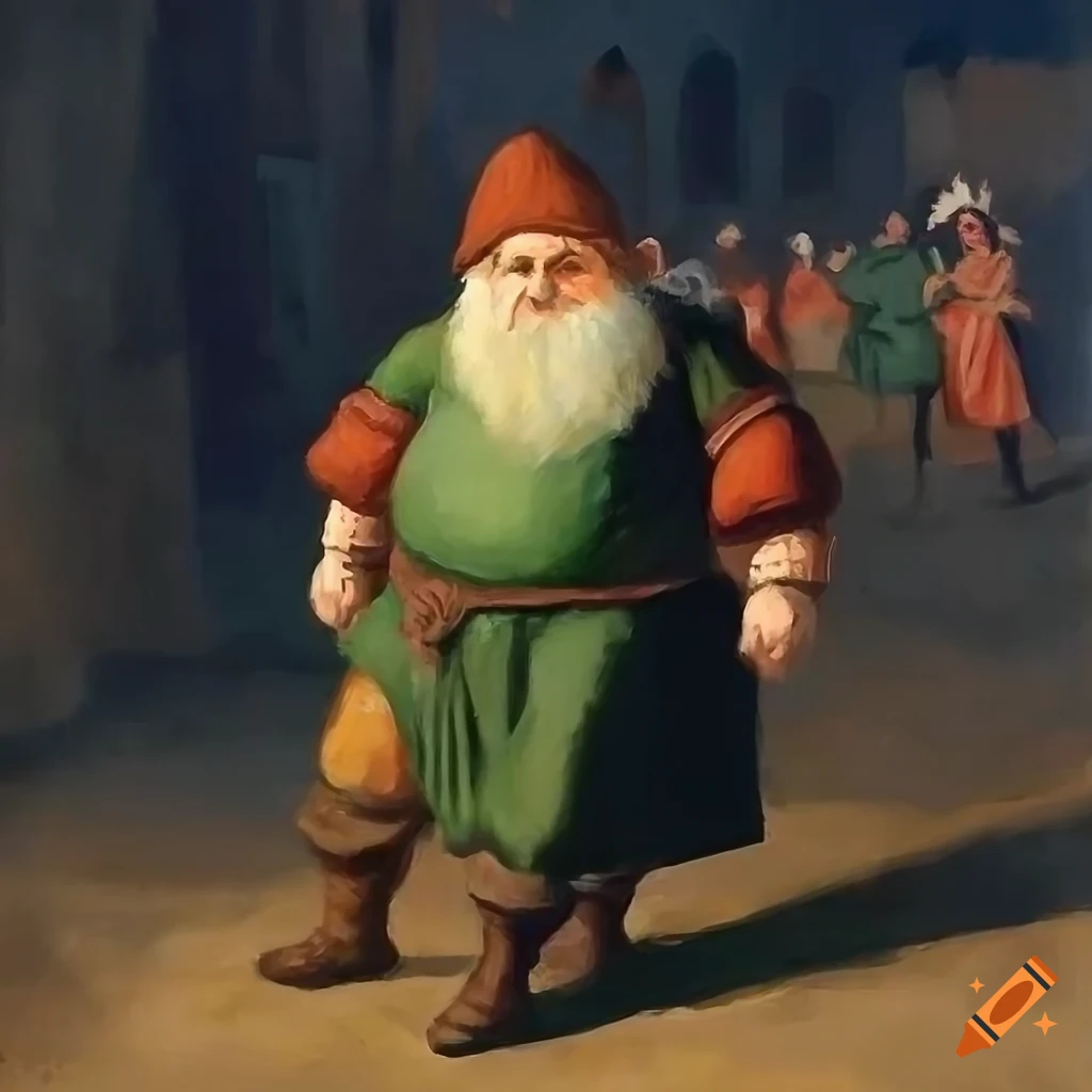 Fat dwarf wearing peasant clothes walking through a bright medieval ...