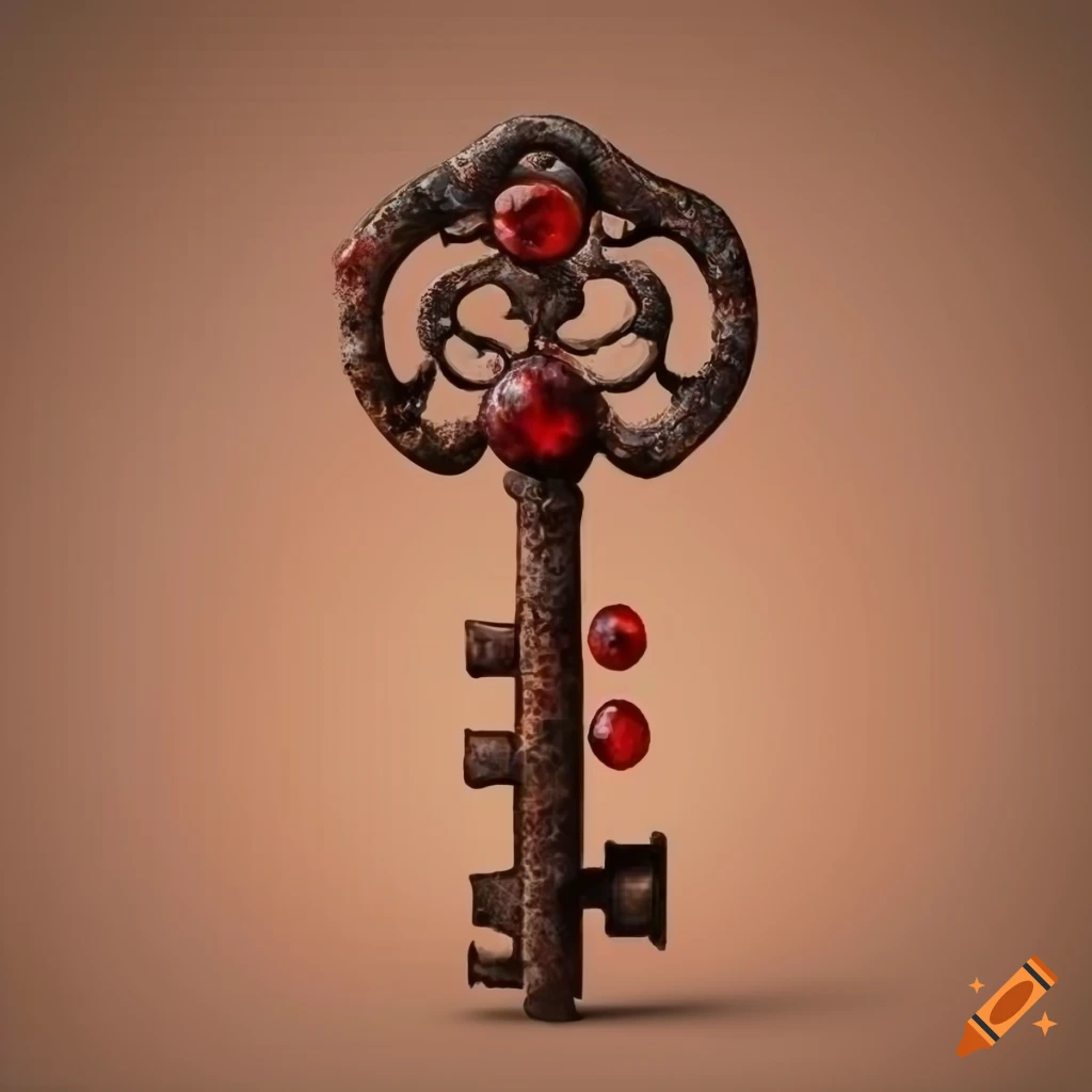 Rusty dark fantasy key with skull red gems on top on cream background ...