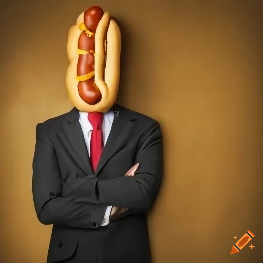Man with a head made of hot dog wearing a business suit, golden ...