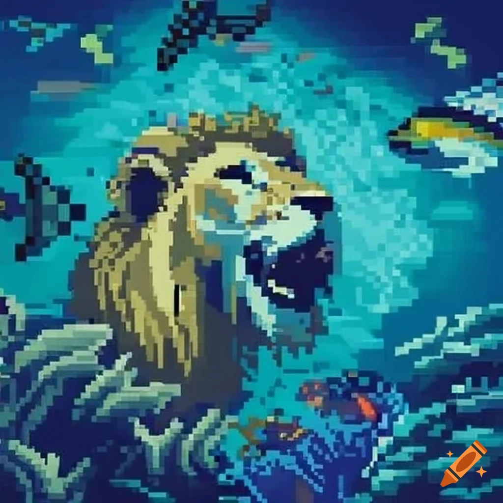 A lion under the sea, surrounded by fish, pixel art on Craiyon