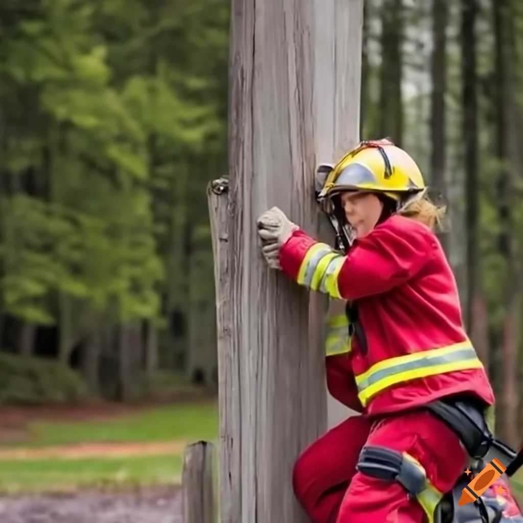 Female firefighter climbing up a openreach wooden pole on Craiyon
