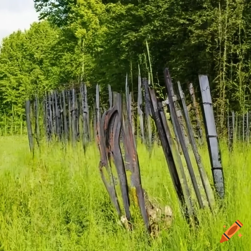Destroyed steel fence on meadow
