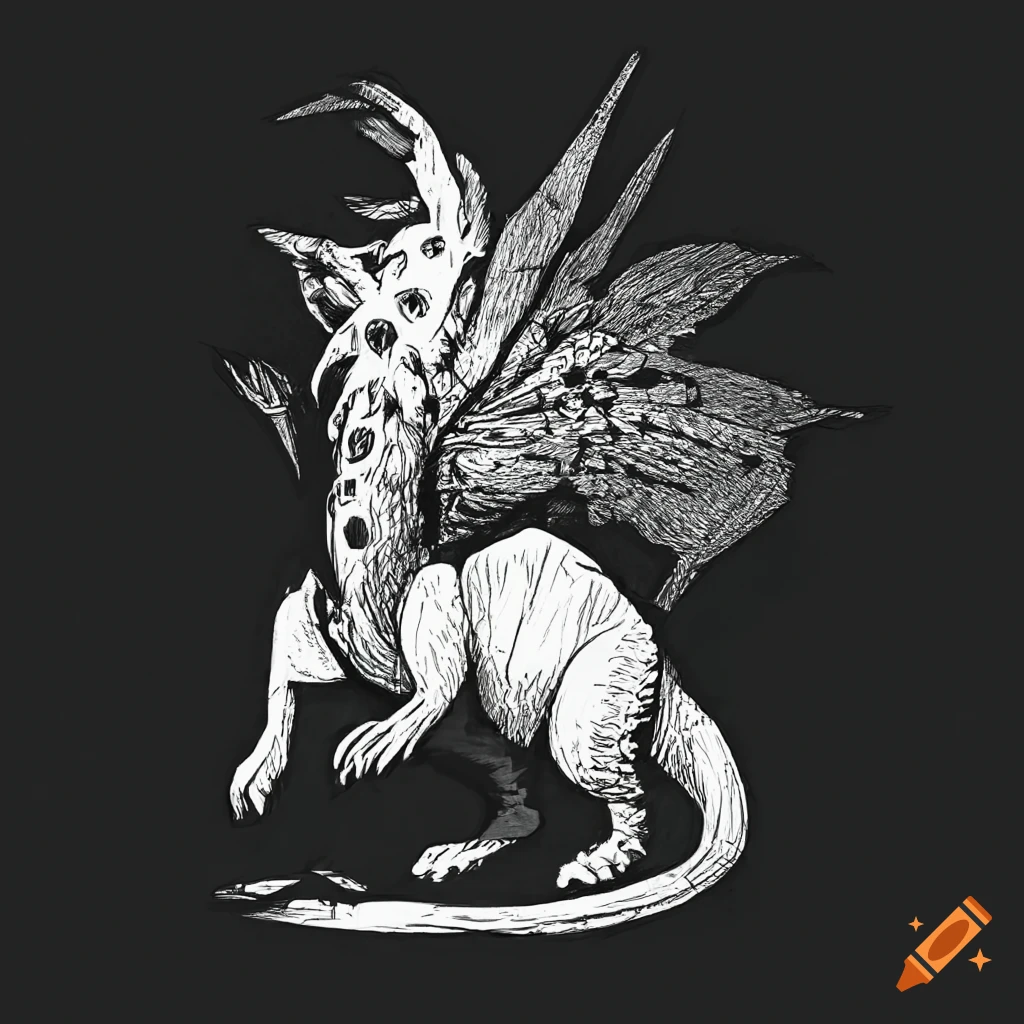 Mythical creature, drawing, ink, sketch, black and white, minimalistic ...
