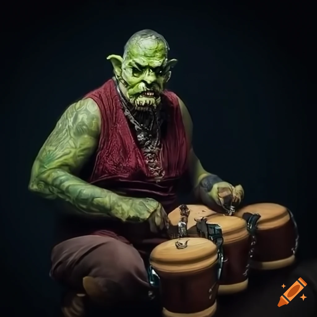Half orc man bard playing bongos on Craiyon