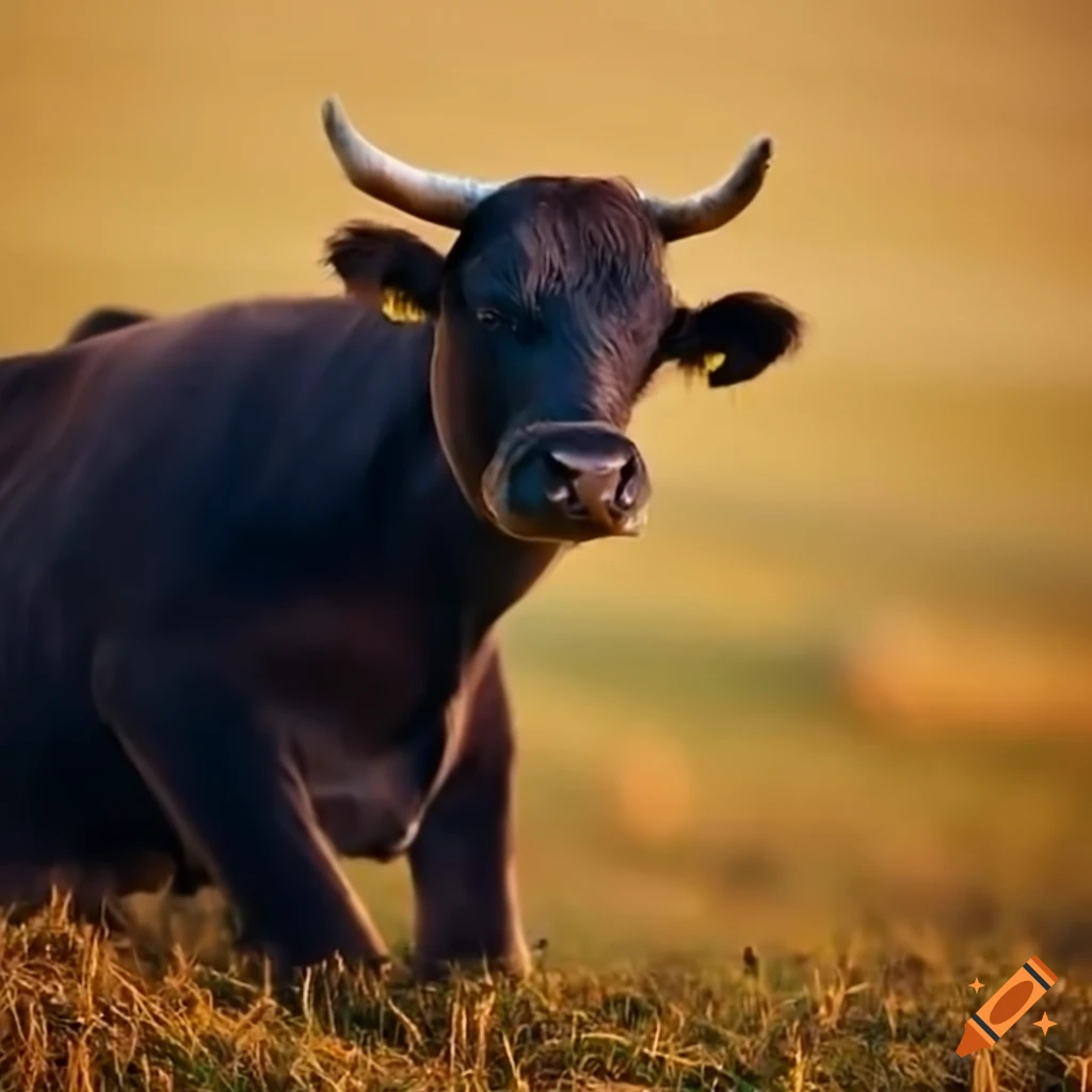 A black cow rolling up bales of hay in a field on Craiyon