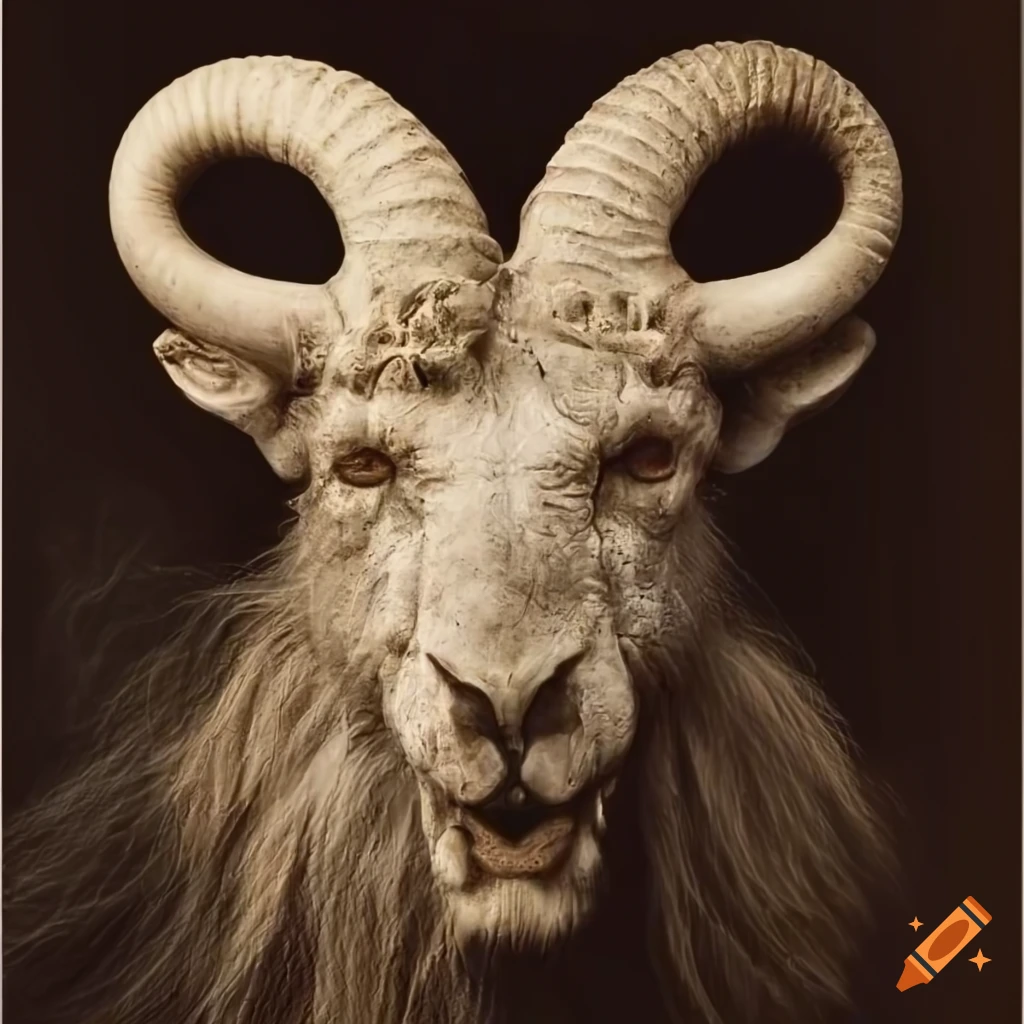 The head of a horned mythological creature with features of both goats ...