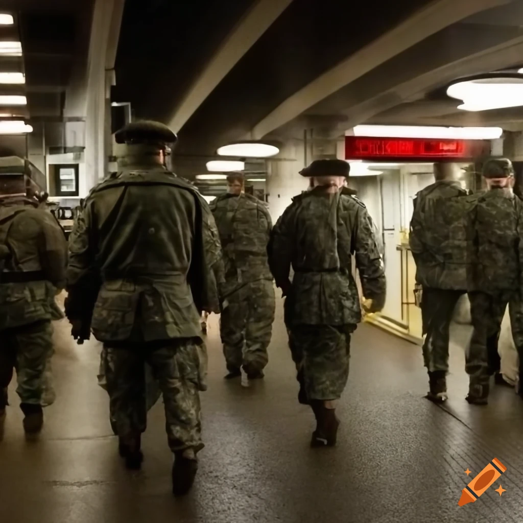 American soldiers in a dimley lit subway station in portland,oregon on ...