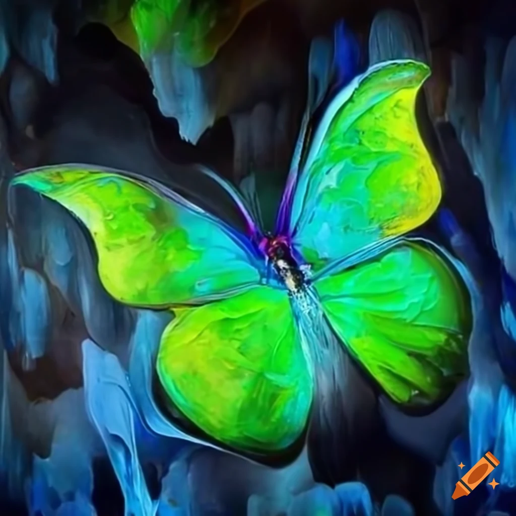 Green butterfly inside a crystal cave