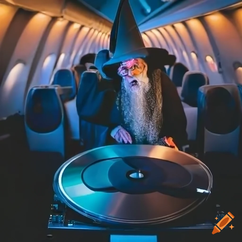 Wizard standing in a boeing plane cabin playing a dj turntable on Craiyon