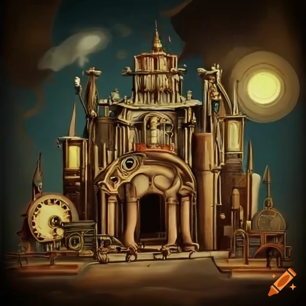 Surrealist city baroque steampunk cartoon surrealistic creasy building ...