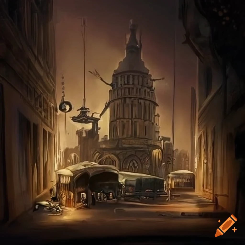 Surrealist city baroque steampunk cartoon surrealistic creasy building ...