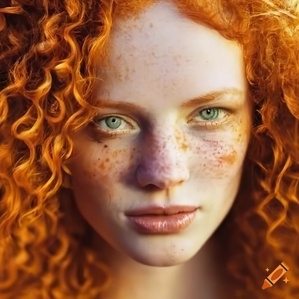 Ginger woman with freckles, curly hair, pale skin, photo, photograph ...