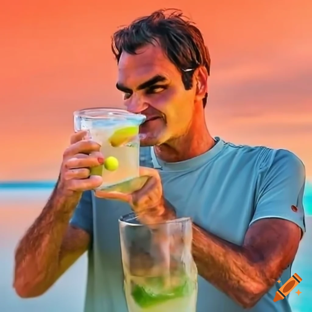 Roger federer drinking a mojito on the beach on Craiyon