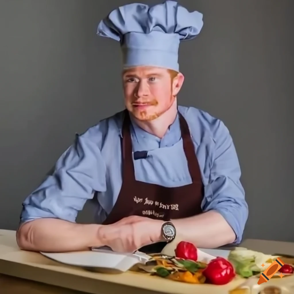 Kevin de bruyne cooking in a chef costume in a professional kitchen