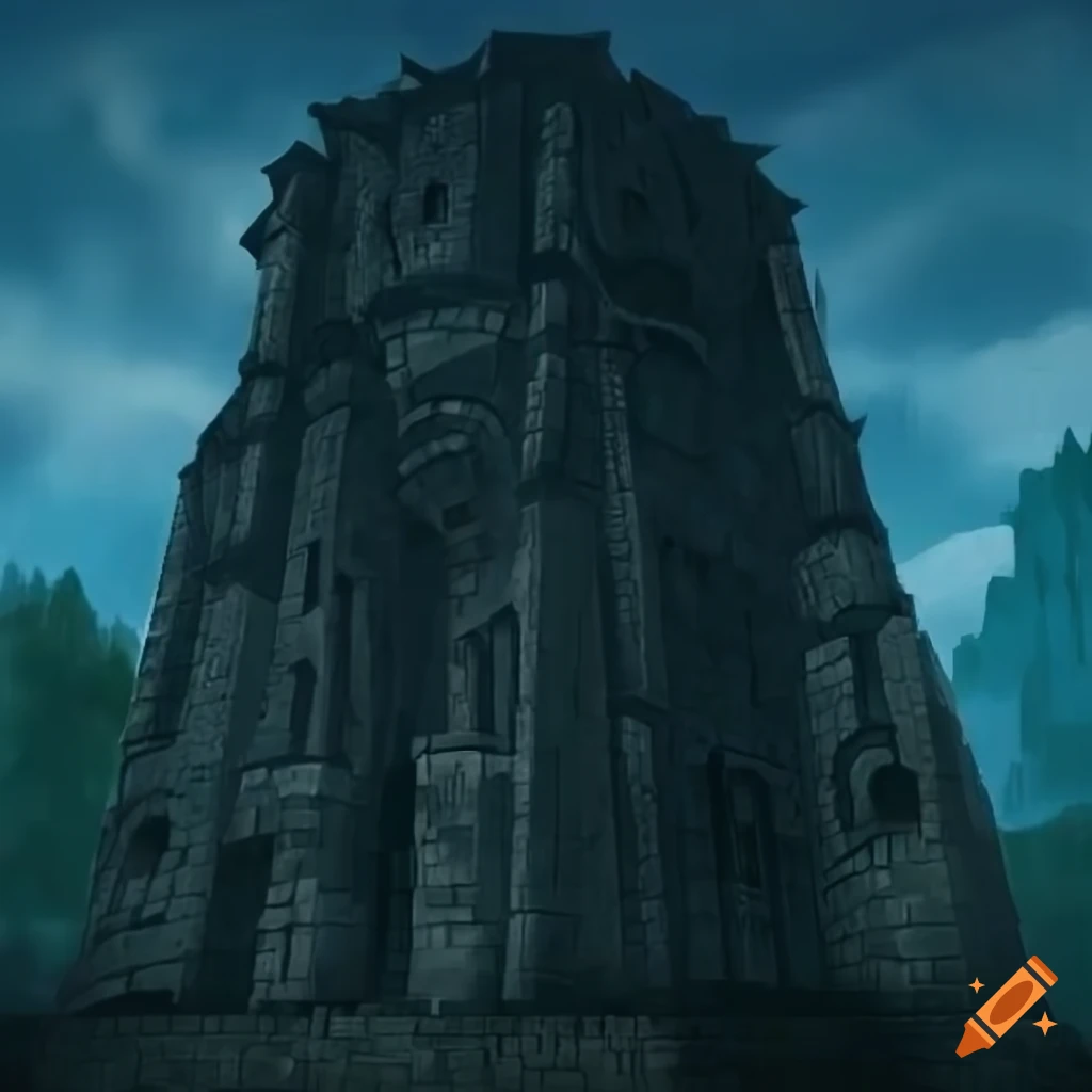 A huge medieval tower of wide stone, with a large carved door, this ...