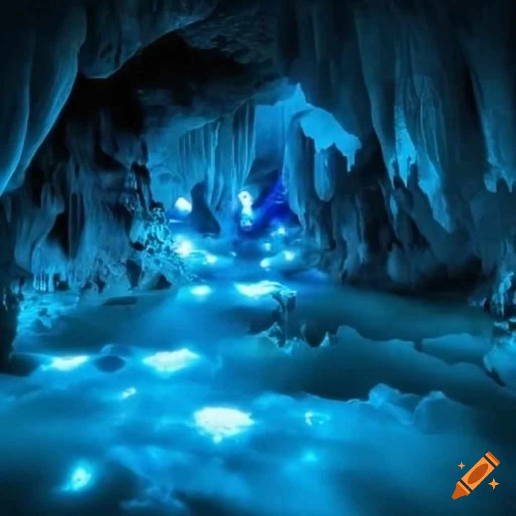 A cave with glowing blue crystals