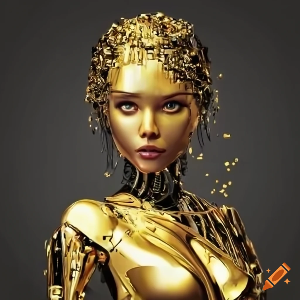 Beautiful female robot in futuristic city, metallic gold on Craiyon