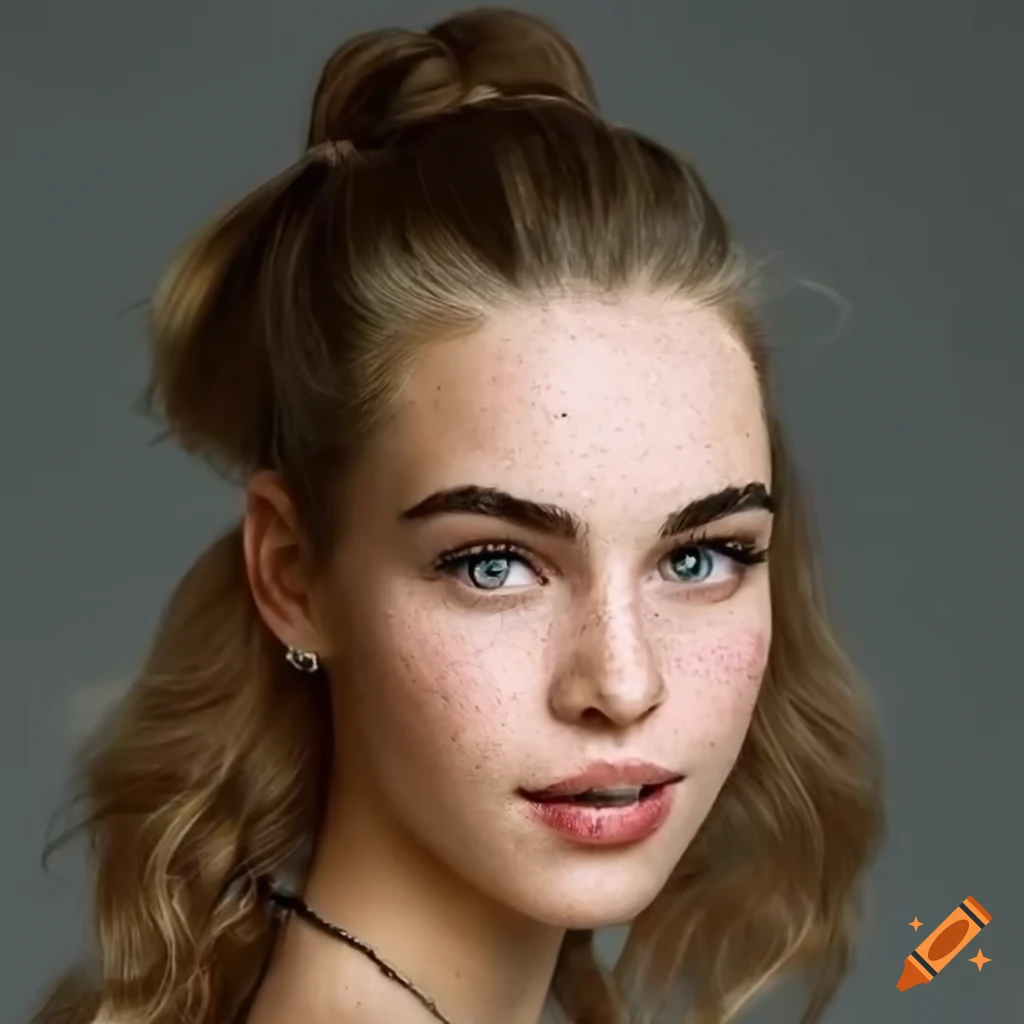 Pretty young woman delicate freckles shy smile wavy blonde hair ...