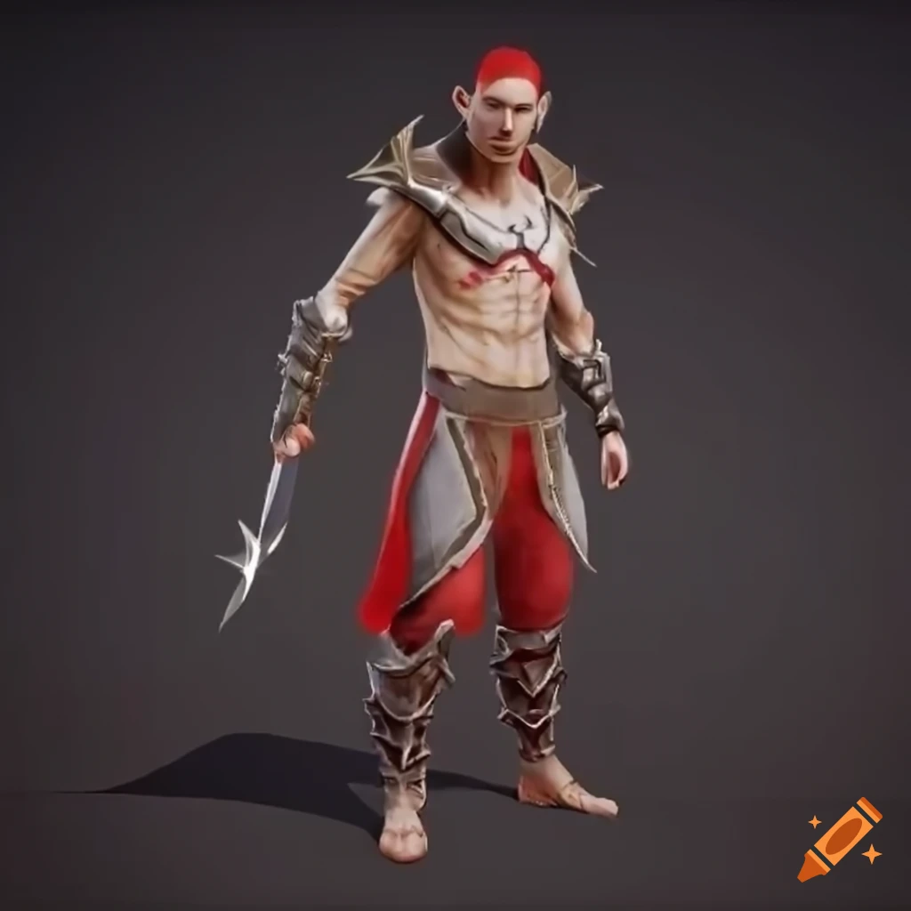 Unreal engine 5 pale-white-skinned, shaved red-ponytailed and red eyed ...