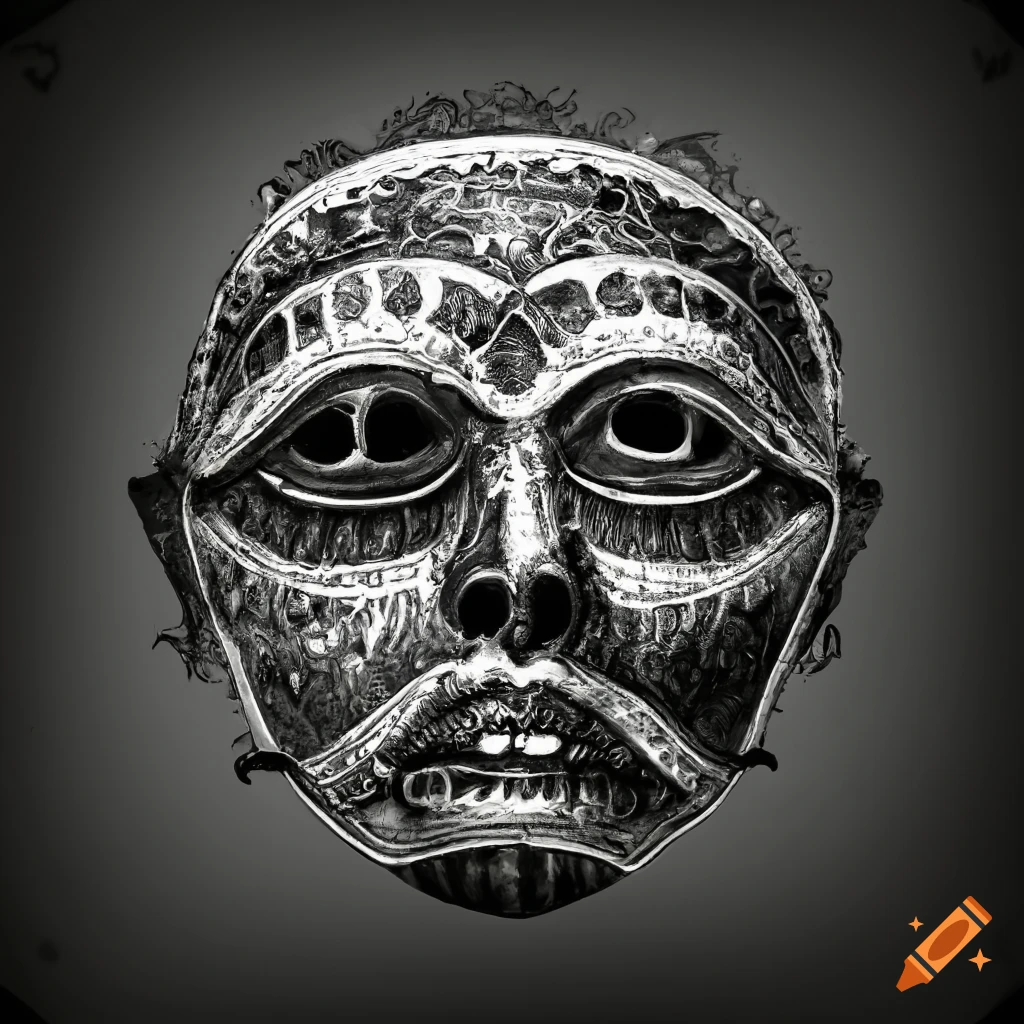 Ancient enamel mask with cracks around the left eye socket, intricate ...