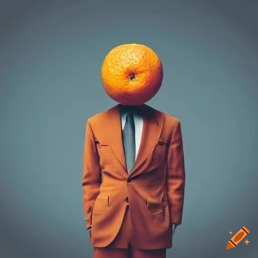 Man standing with a suit with an orange in front of his face with ...