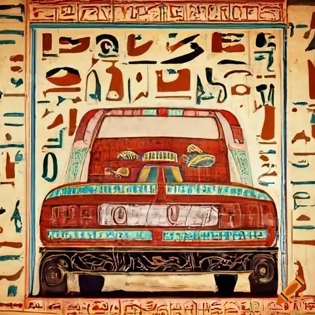 Skoda car in an Egyptian fresco with hieroglyphs on Craiyon