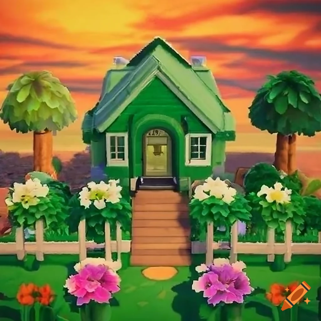A green and white house, with flowers and plants around it, animal ...