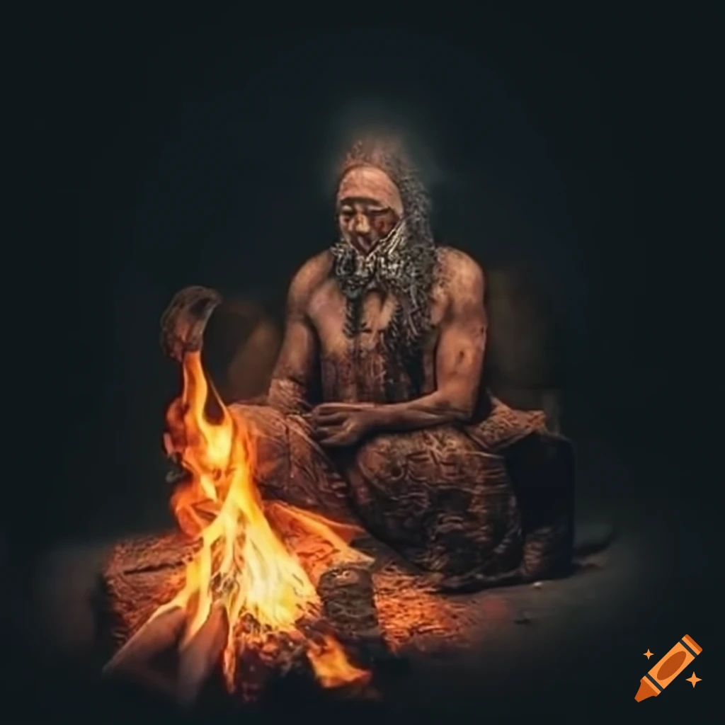 Slavic shaman smoking large wooden pipe while sitting behind a campfire ...