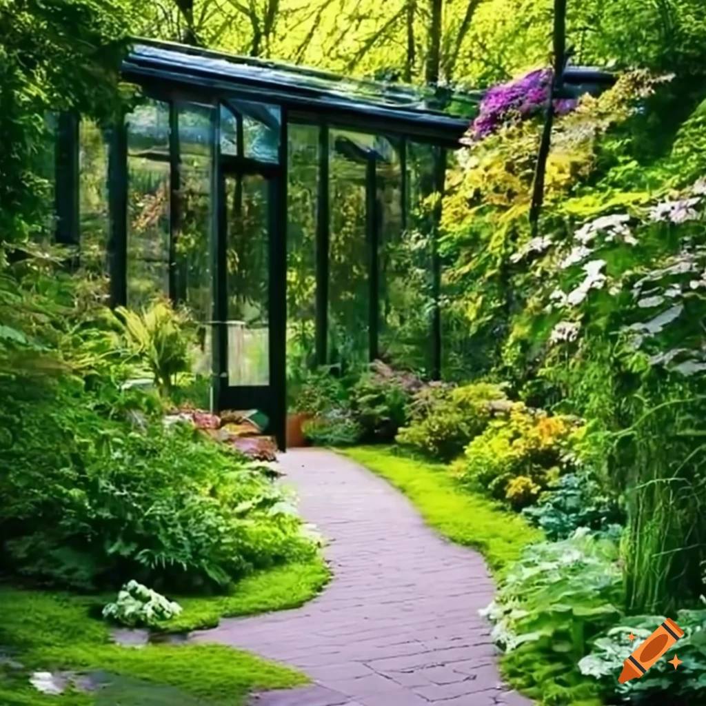 Serene garden pathway leading to a stunning greenhouse