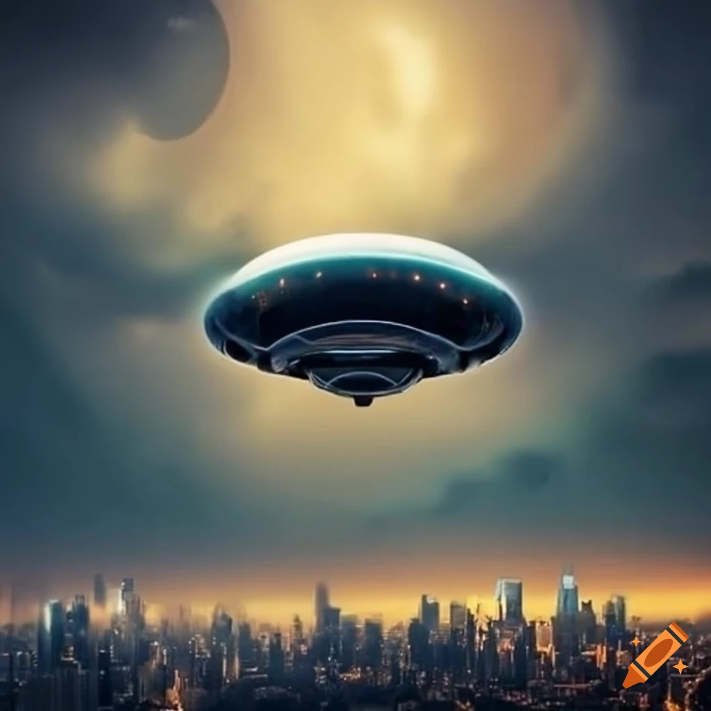 A big city overshadowed by a ufo. the ufo looks like a football on Craiyon