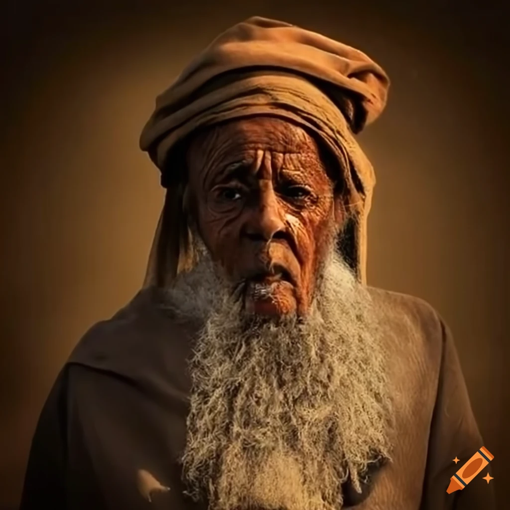 An old man wearing old style Persian cloths and sitting under a big ...