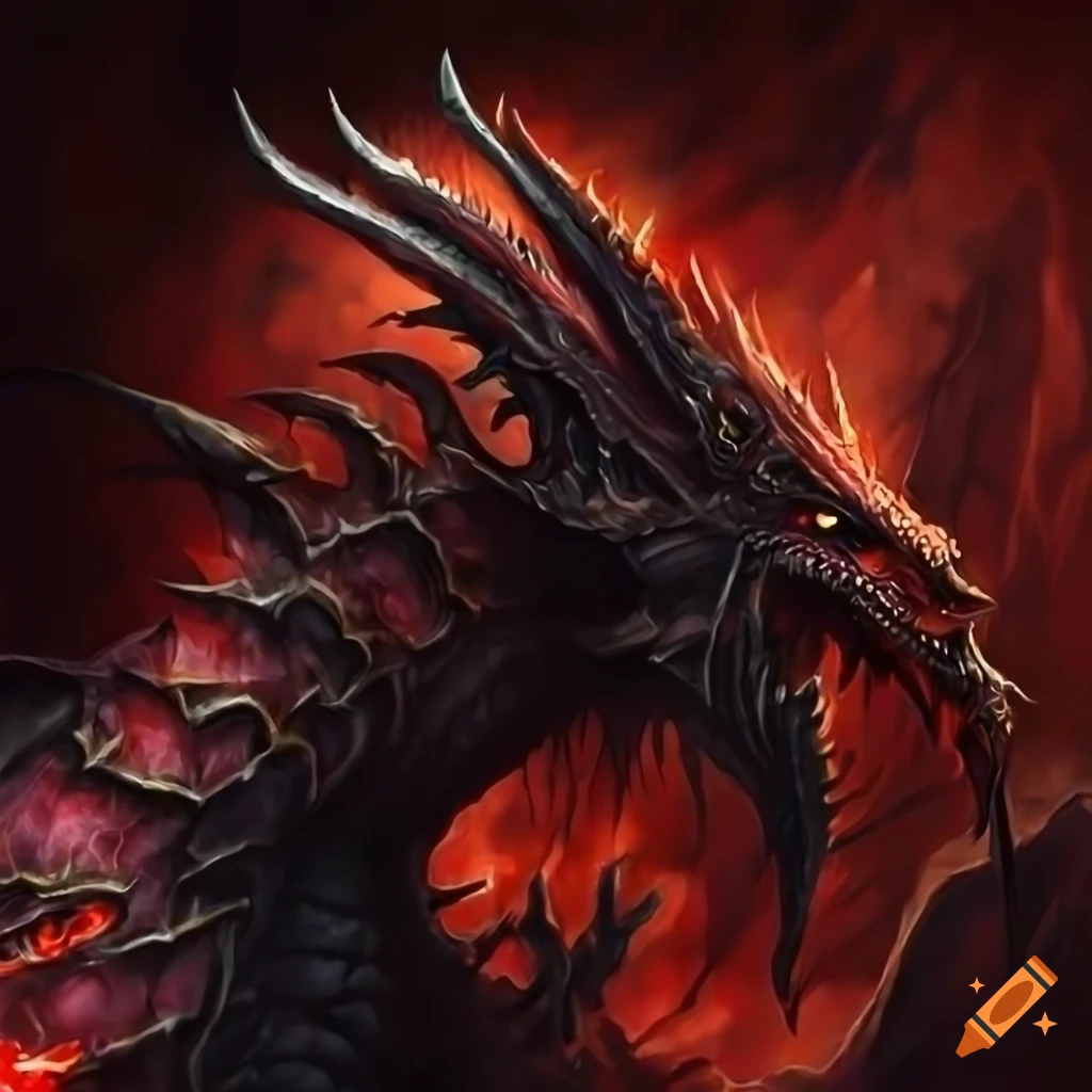 Fantasy, detailed, crimson colored horned dragon creeping in the depths ...