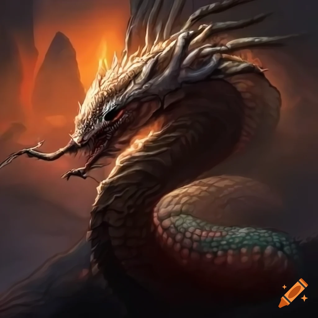 Fantasy, detailed, menacing wyrm serpent on a mountain peak