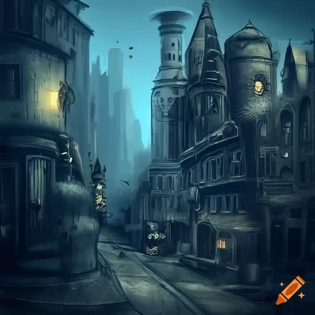 Surrealist city baroque steampunk cartoon surrealistic creasy building ...