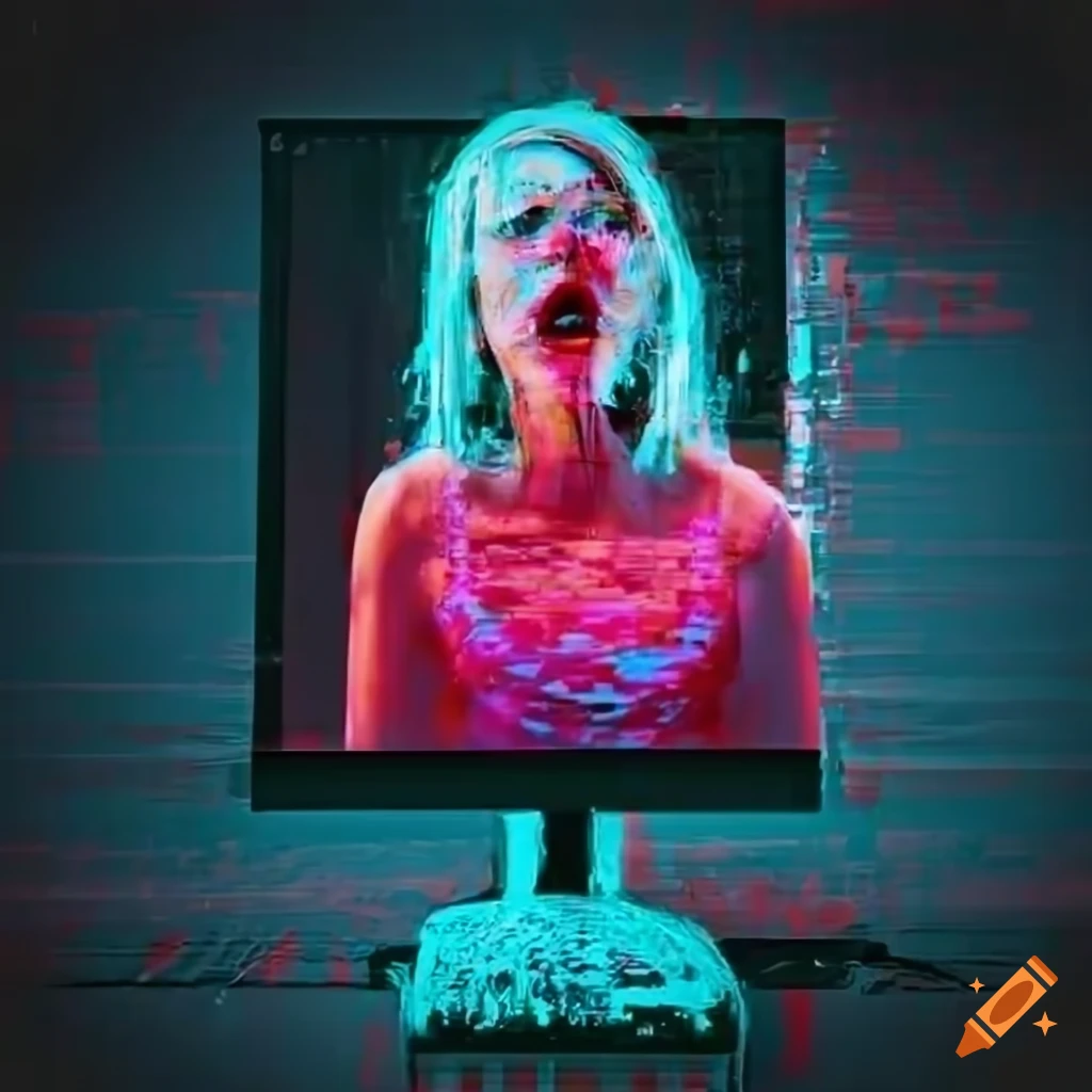A malfunctioning computer monitor displaying a glitched image of a ...