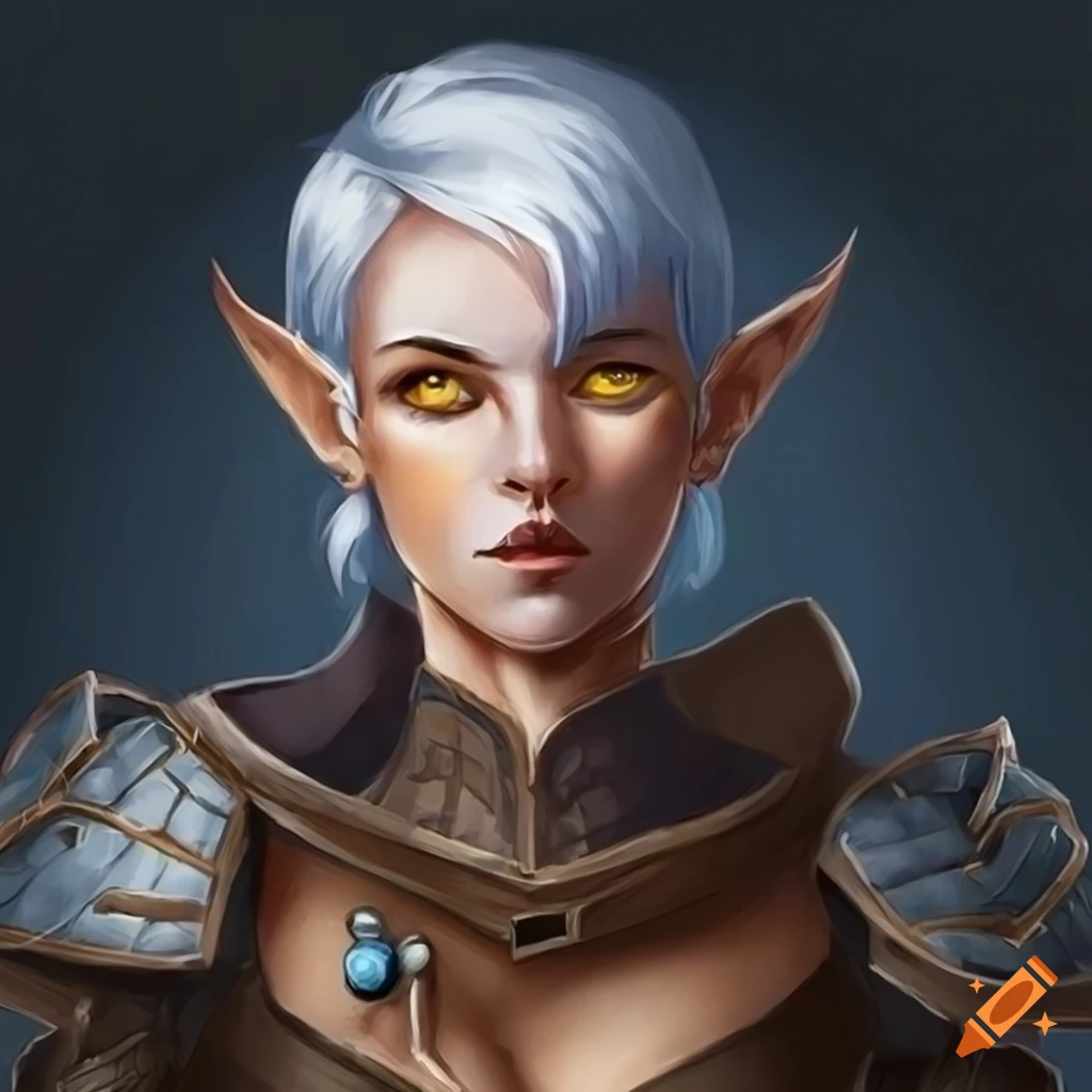 Yellow eyes half elf hunter with short white wispy hair in leather ...