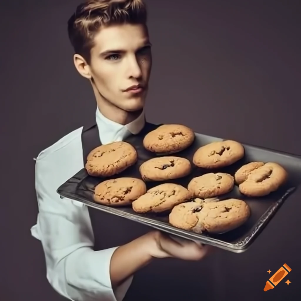 Handsome baker man holding a tray of cookies on Craiyon