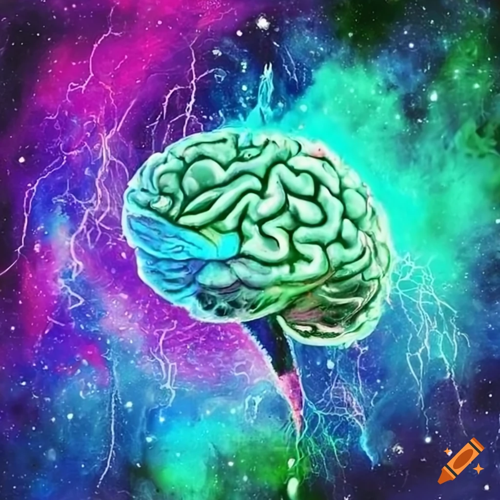 Galaxy brain with blue green and pink lightning on Craiyon