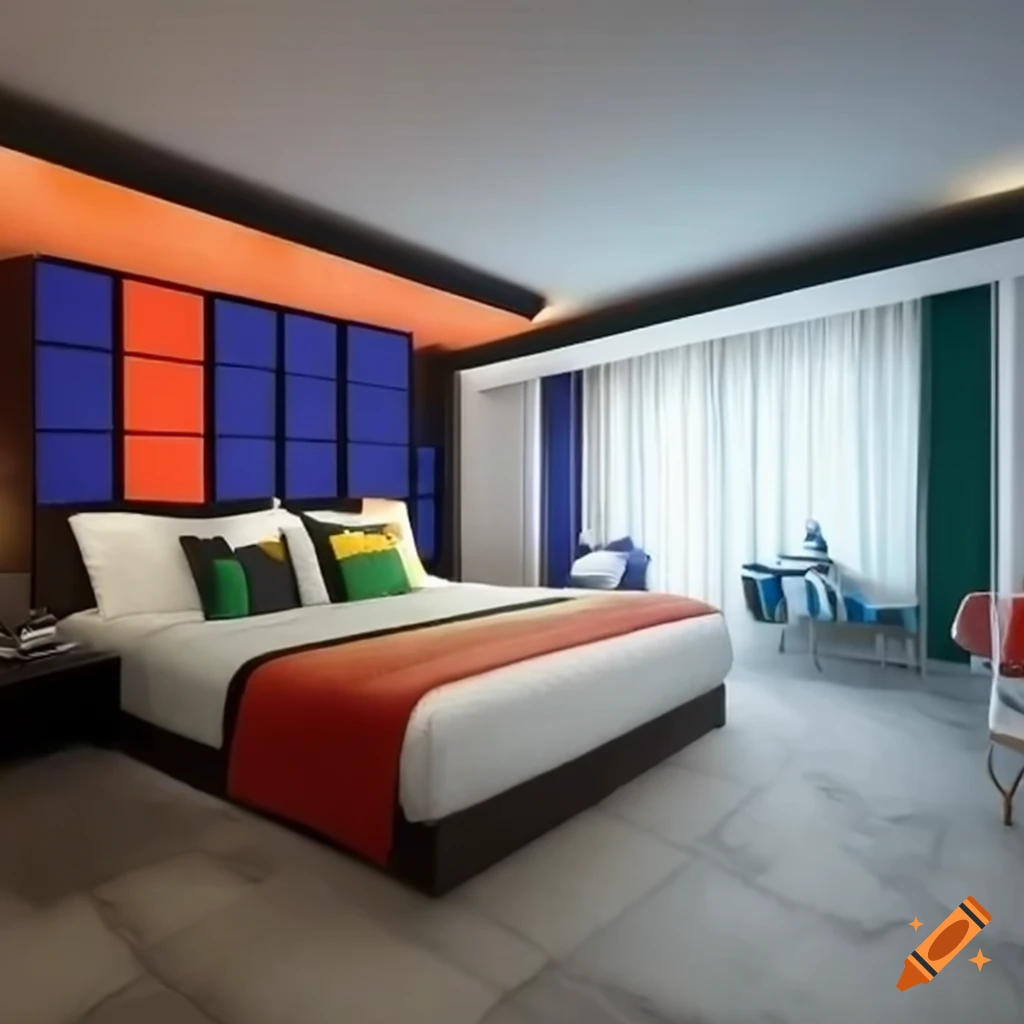 A creatively designed hotel room with Rubiks Cube decor on Craiyon