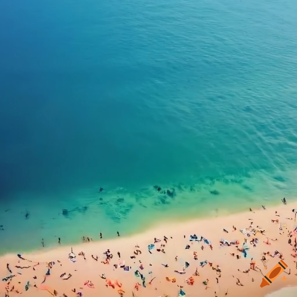 A busy beach seen from above and looking through the clouds on Craiyon