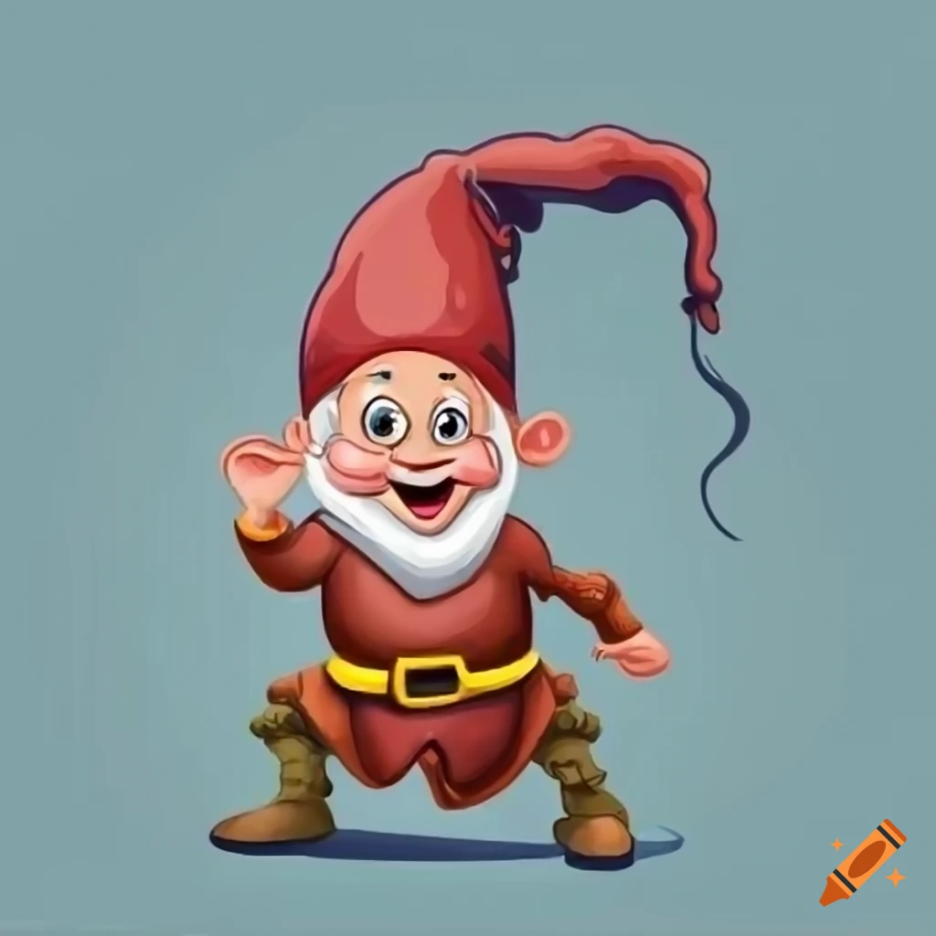 Cartoon image of a cheerful and playful dwarf with a cap dancing