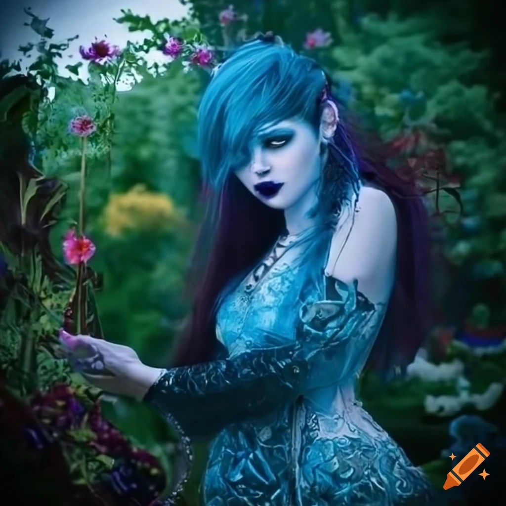 Blue dragon goth woman in a flower garden