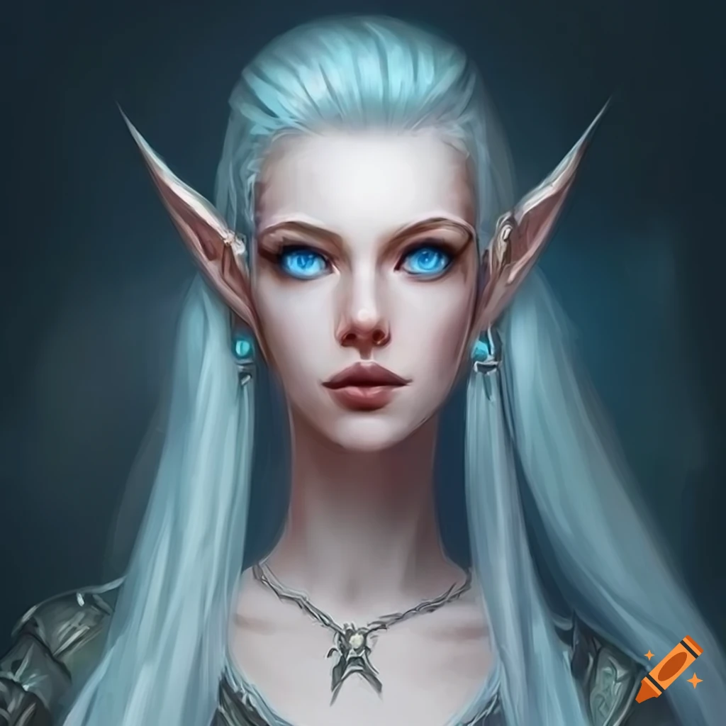 Woman noble high elf long hair pale skin big blue eyes fantasy style 8d