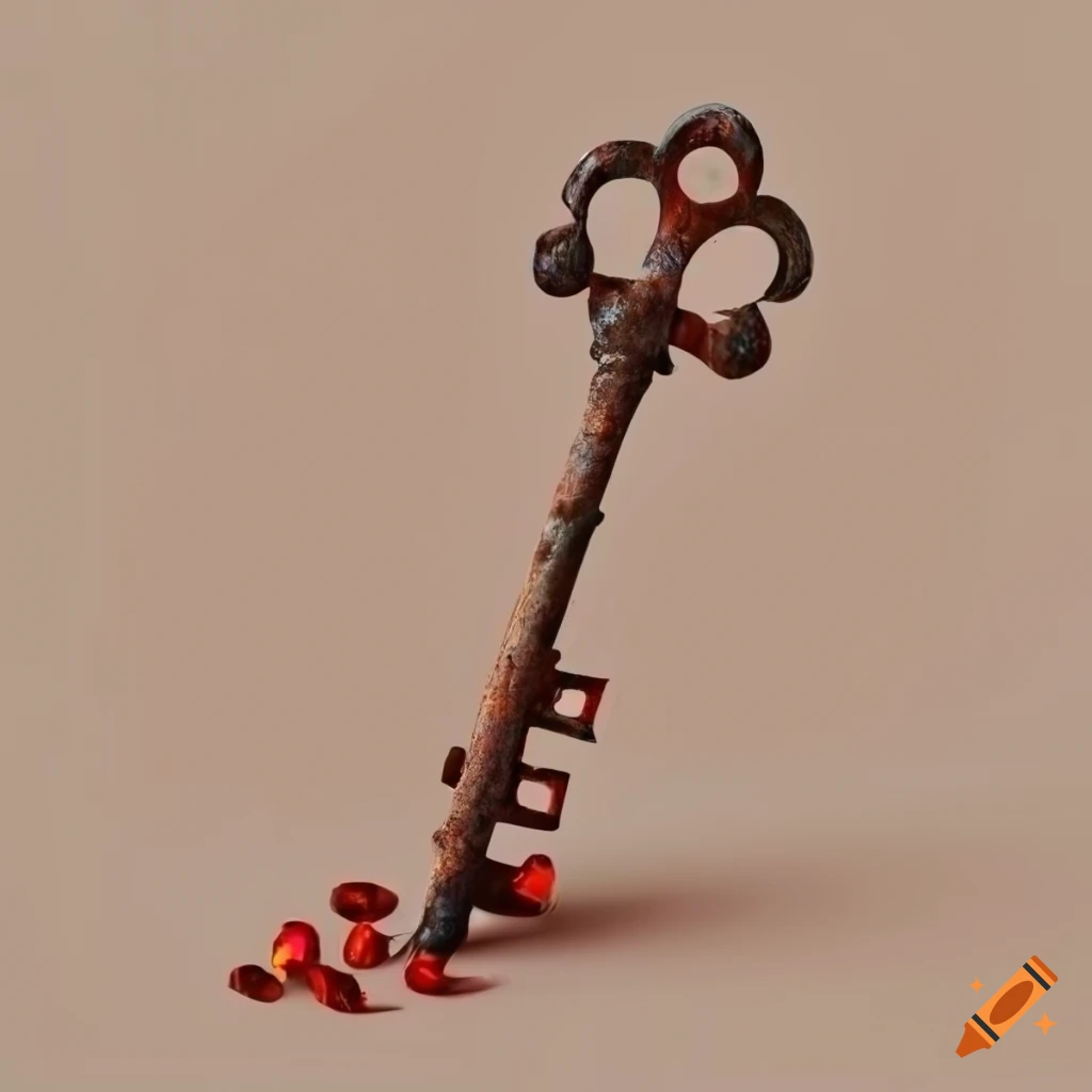 3d rusty dark fantasy key with red gems on top on cream background