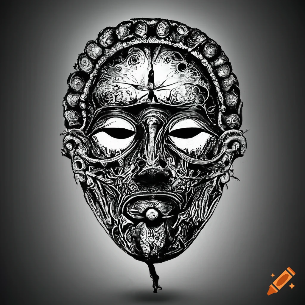 Ancient enamel mask with cracks around the left eye socket, intricate ...