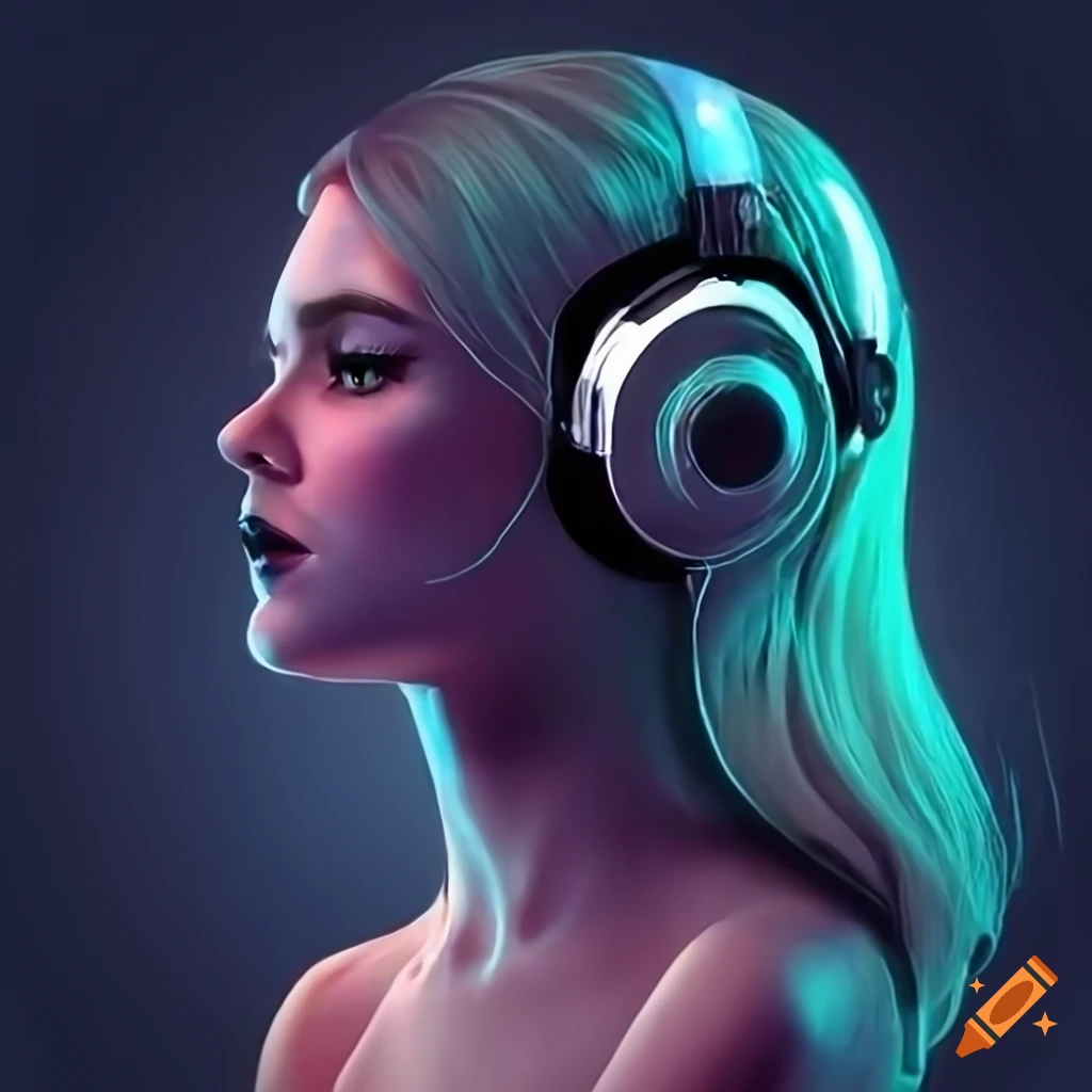 Fancy sci fi girl listening music and crying face only contour profile ...