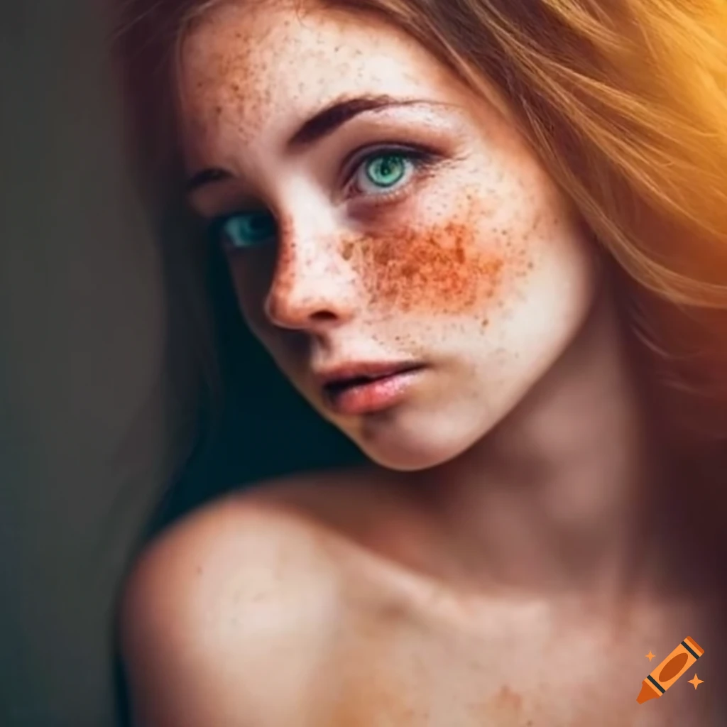 Beautiful young b woman shoulder-lenght hair very light freckles