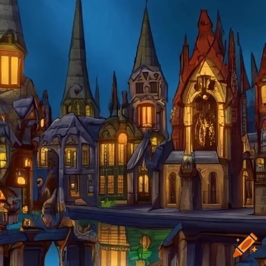 Create an illustration of Elversult, a majestic city situated along the ...