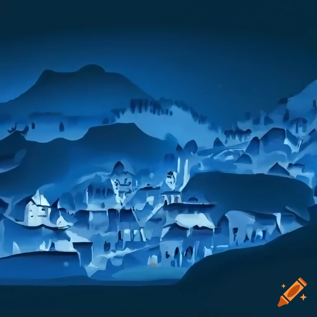 Cave painting of mountain village plan, architecture business blueprint ...