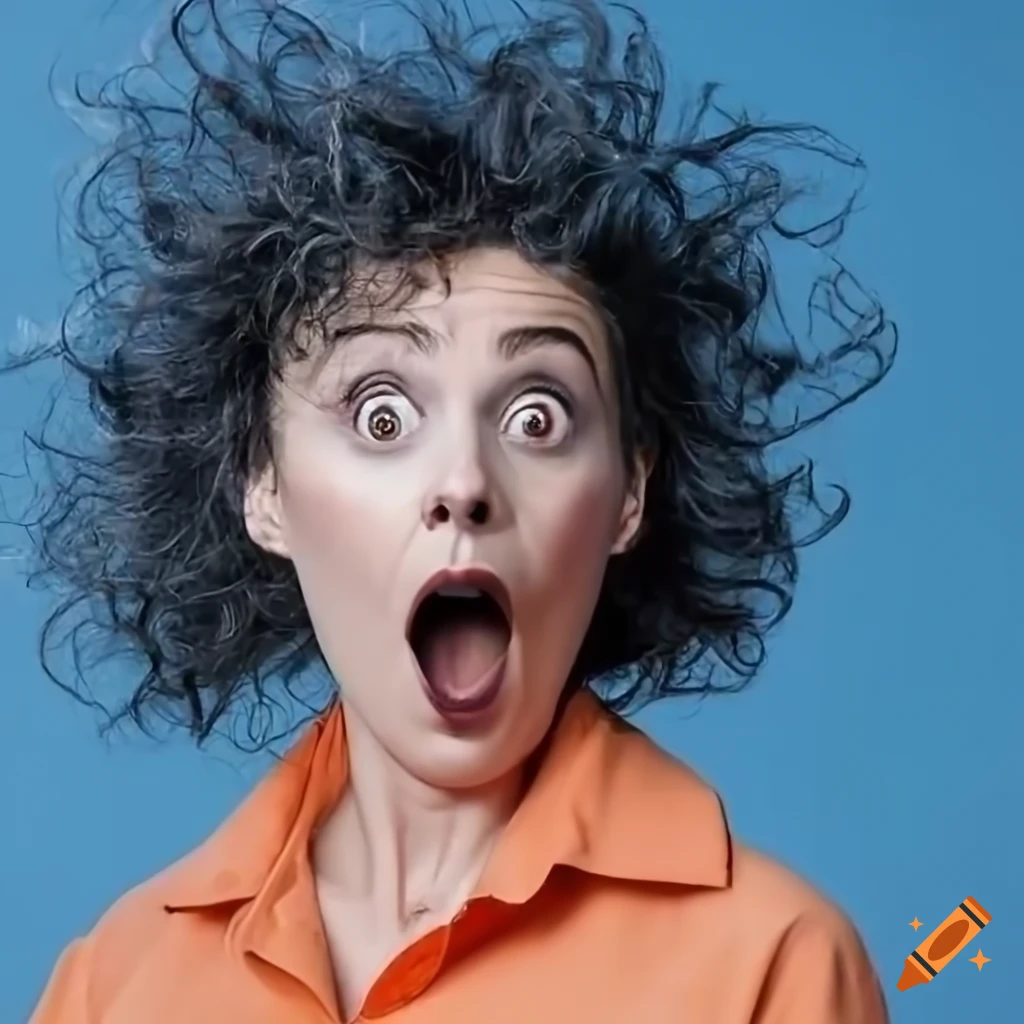 Astonished surprised shocked pale white woman with spiked curly black ...